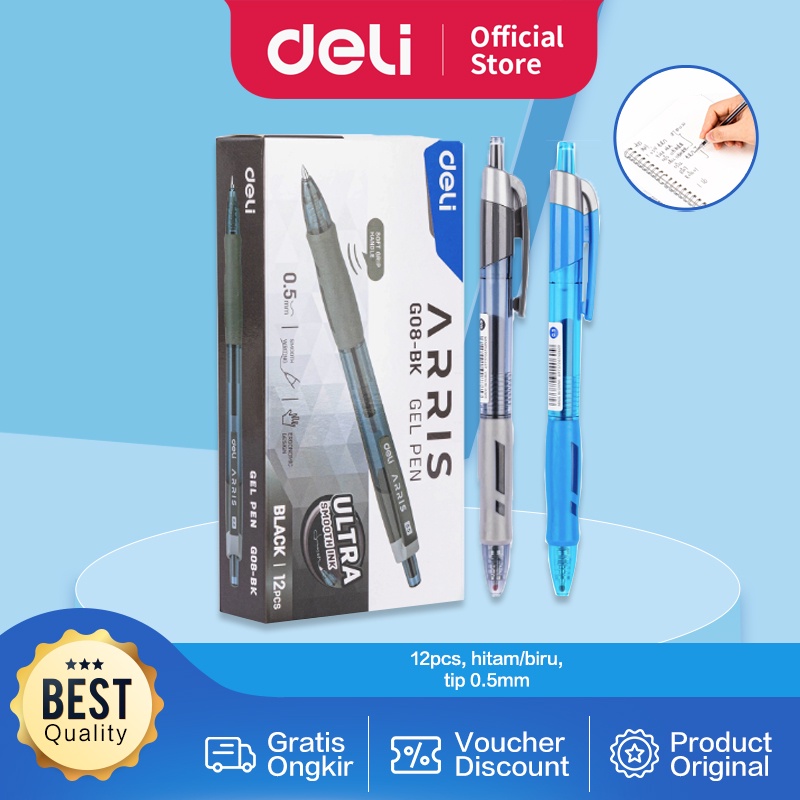 Jual Deli Gel pen 0.5mm 2 warna hitam/biru 12 pcs/ Deli pulpen gel ...