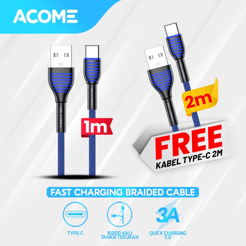 ACOME Kabel Data Type-C 1 Meter 2 Meter cable AiC Fast Charging Garansi ...