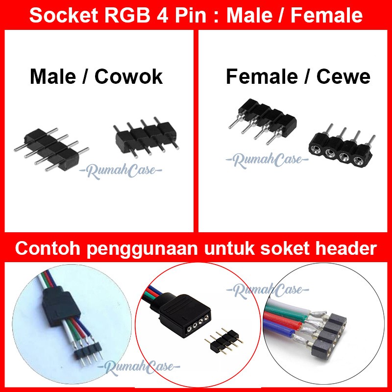 Jual Soket 4 Pin RGB Male / Female led strip konektor header socket ...