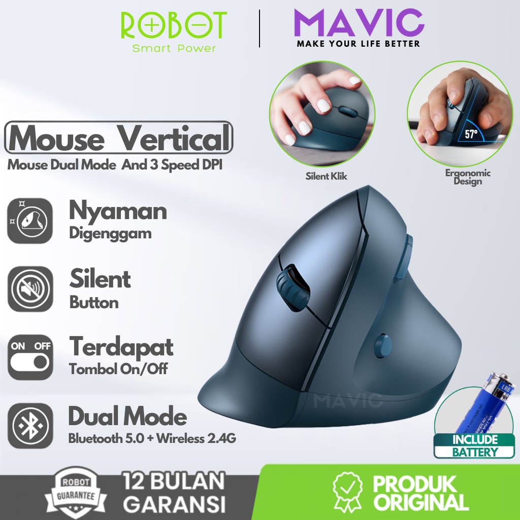 Jual ROBOT Guru Master 1 Vertical Mouse Dual Mode Wireless Bluetooth ...
