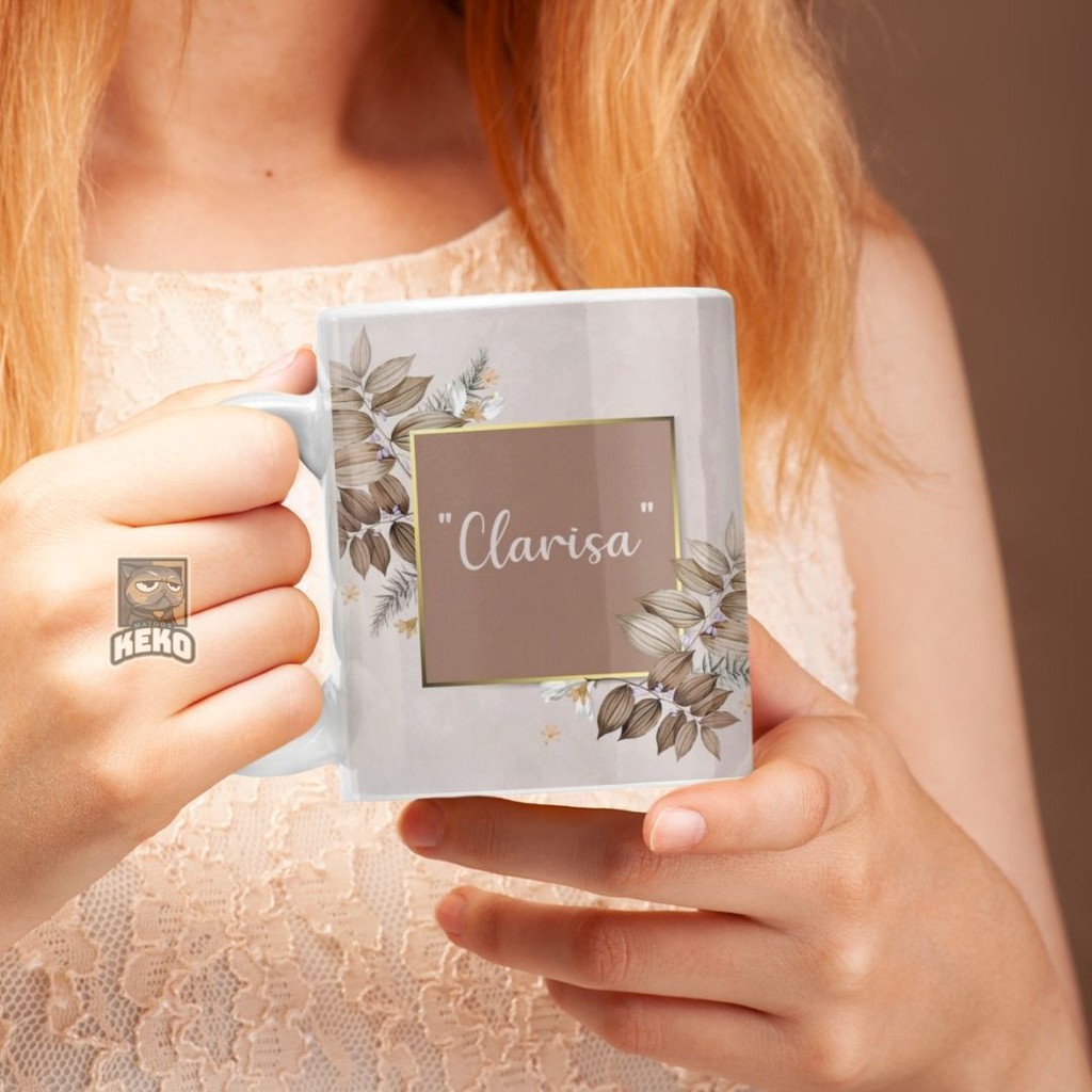 Jual Mug Keramik Custom Nama Tema Frame Gold dan Daun | Shopee Indonesia