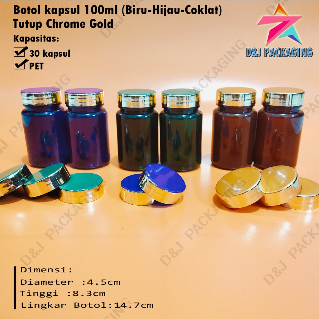 Jual Botol Kapsul Hijau Biru Coklat 100ml Tutup Gold isi 30 + Plug ... Jual Botol Kapsul Hijau Biru Coklat 100ml Tutup Gold isi 30 + Plug ...