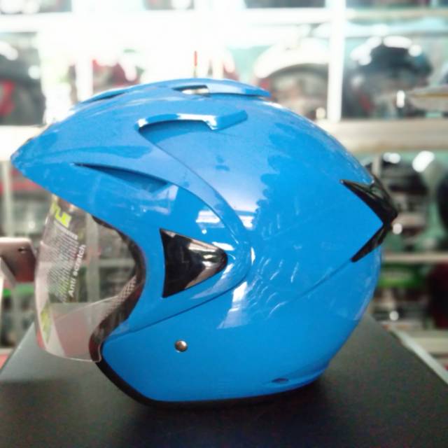 Jual HELM HALF FACE HIU ARROW DOUBLE VISOR BLUE MILD | Shopee Indonesia