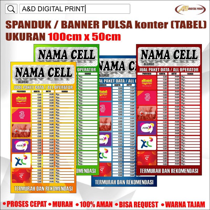 Jual Banner/Spanduk Tabel pulsa paket data Murah BUY ONE GET ONE FREE ...
