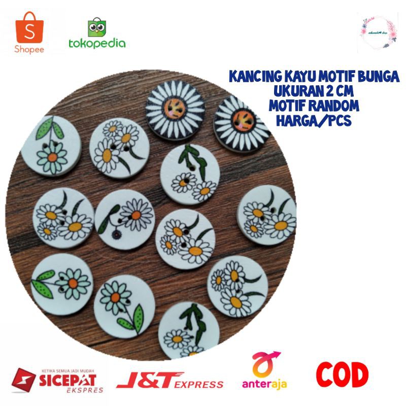 Jual kancing kayu 2 cm motif bunga / kancing scrapbook / kancing hias ...