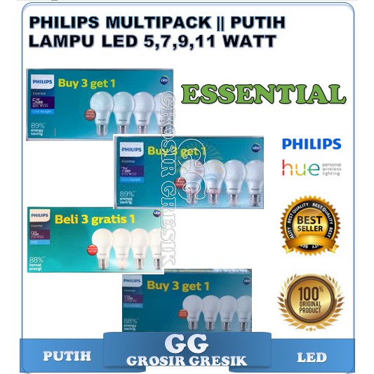 Jual PAKET ISI 4 LAMPU PHILIPS LED ESSENTIAL 5W/7W/9W/11W BUNDLING ...