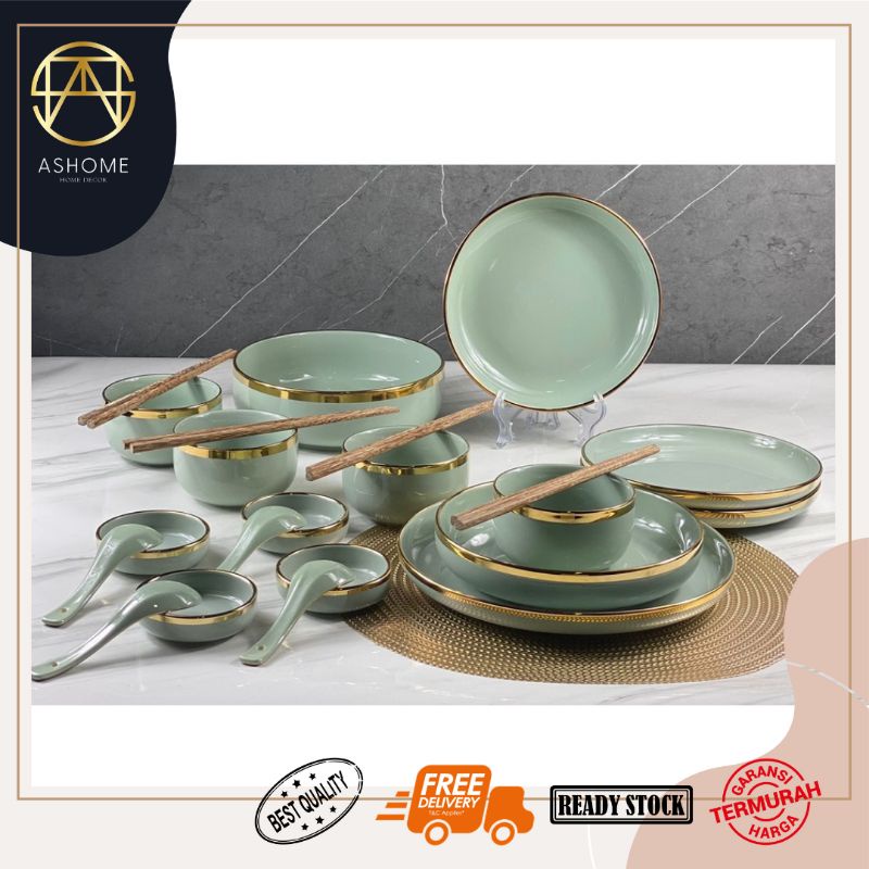 Jual ASHOME Piring Set 4 Orang Piring Makan Set Keramik Light Green Isi ...