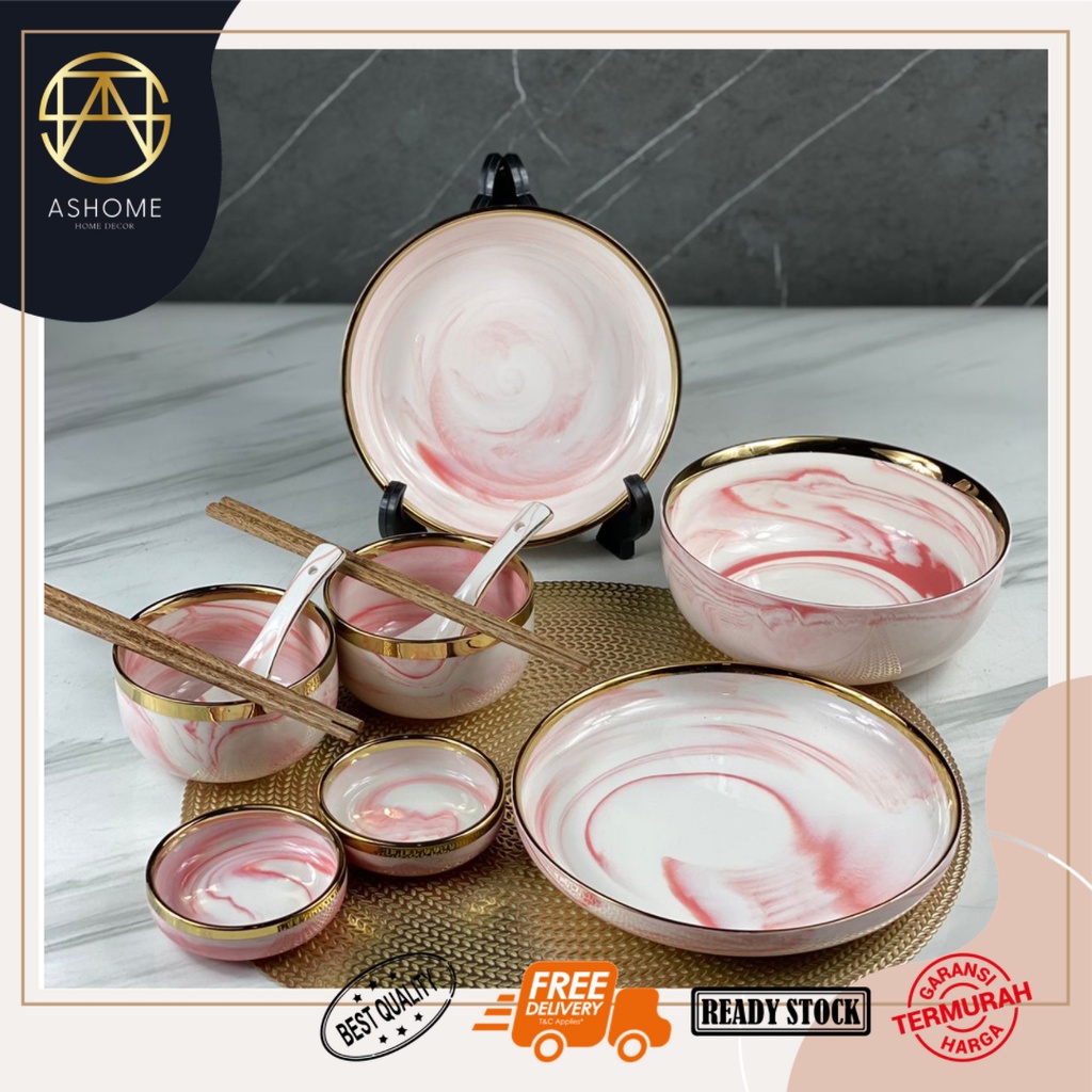 Jual ASHOME Piring Set 2 Orang Piring Makan Set Keramik Pink Marble Isi ...
