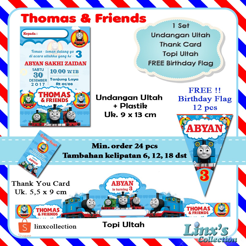 Jual 1 set undangan Ultah Anak/Kartu souvenir/topi ulang tahun Thomas ...