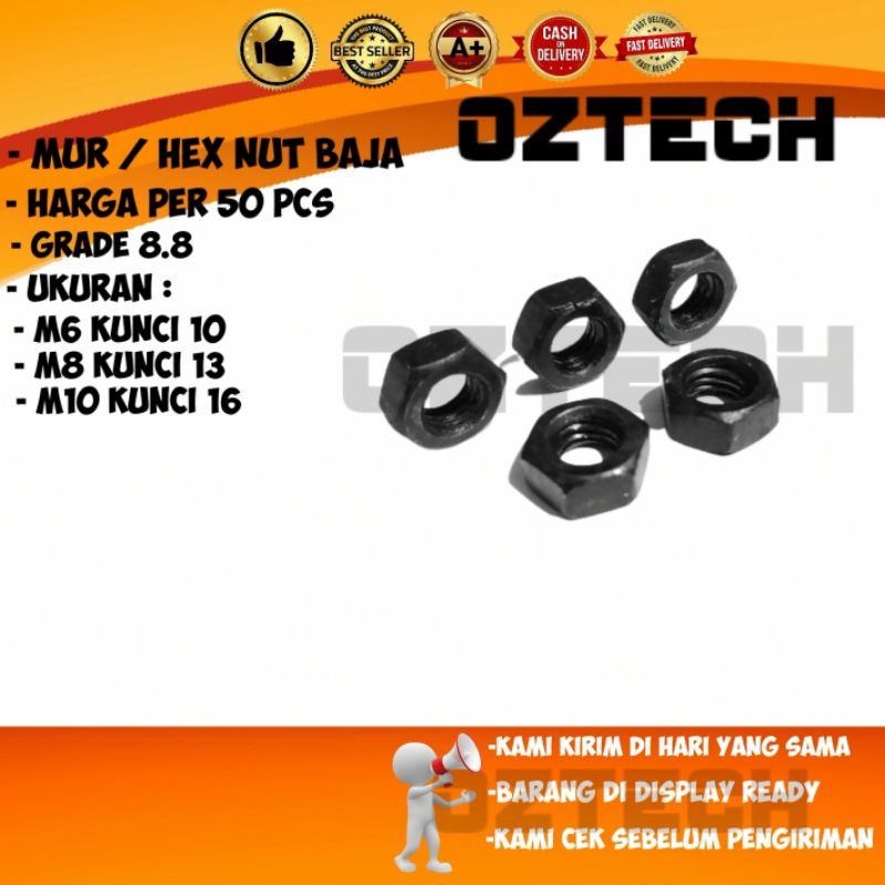 Jual Hex nut mur baja hitam M6, M8, M10 grade 8.8 50pcs | Shopee Indonesia