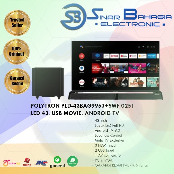 Jual POLYTRON PLD-43BAG9953 + SWF 0251 LED 43 + USB MOVIE + ANDROID TV + SOUNDBARWOOFER GARANSI ...