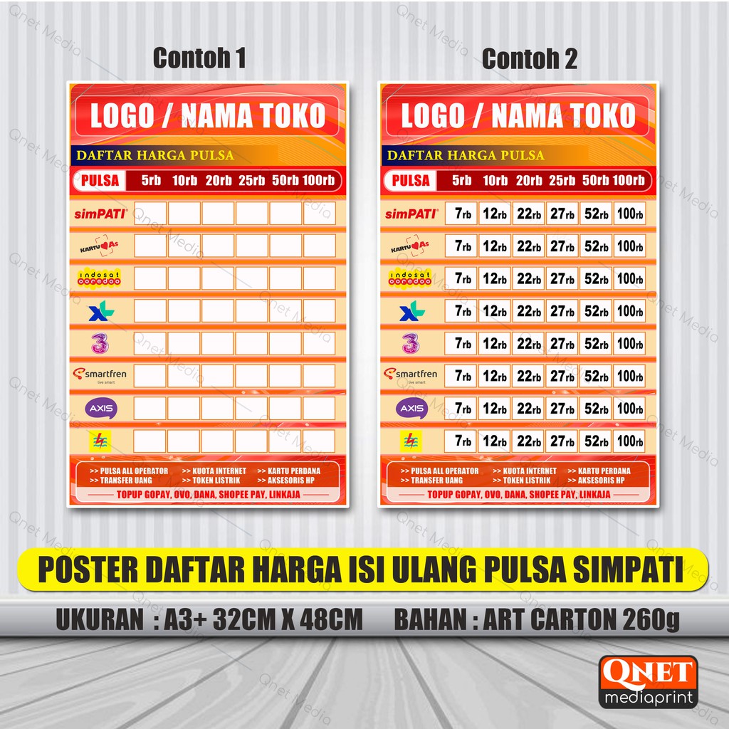 Jual POSTER KONTER DAFTAR HARGA PULSA ALL OPERATOR ( CUSTOM ) | Shopee ...