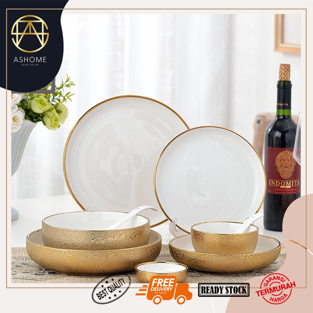 Jual ASHOME Piring Makan dan Mangkuk Keramik Outer Gold Full Motif ...