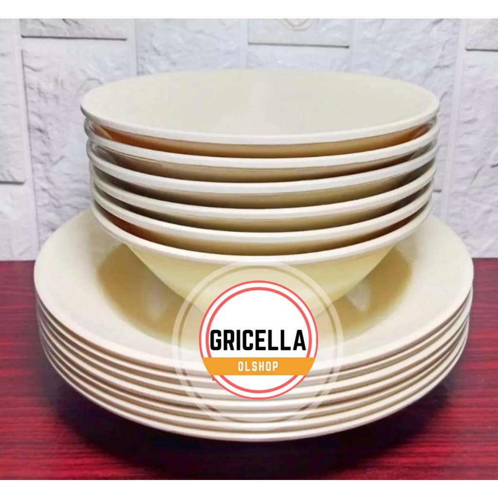 Jual PAKET MELAMIN KREM MEWAHISI 12 PCS 6 PIRING DAN 3 MANGKUK TEBAL ...