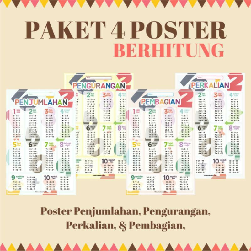Jual Paket 4 / Poster Berhitung / Penjumlahan / Pengurangan / Perkalian ...
