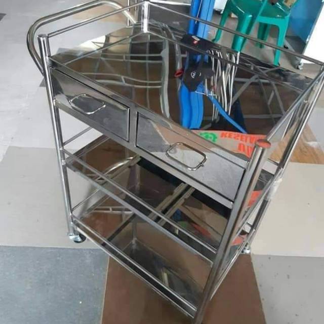 Jual Meja Instrumen 3 Rak 2 Laci Stainless Troli Instrumen Troli Alat ...