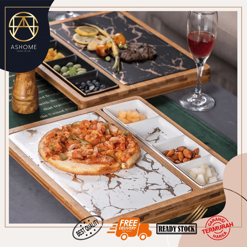 Jual JAPENESE PIRING PIZZA KERAMIK SET CORAK MARBLE DENGAN TATAKAN KAYU ...