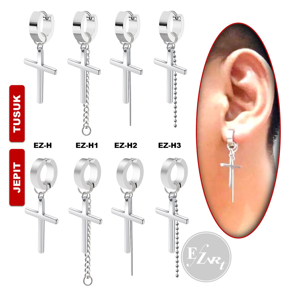 1Pc Model EZ-H Silver Anting Jepit Tusuk Variasi Bandul Salib Punk ...