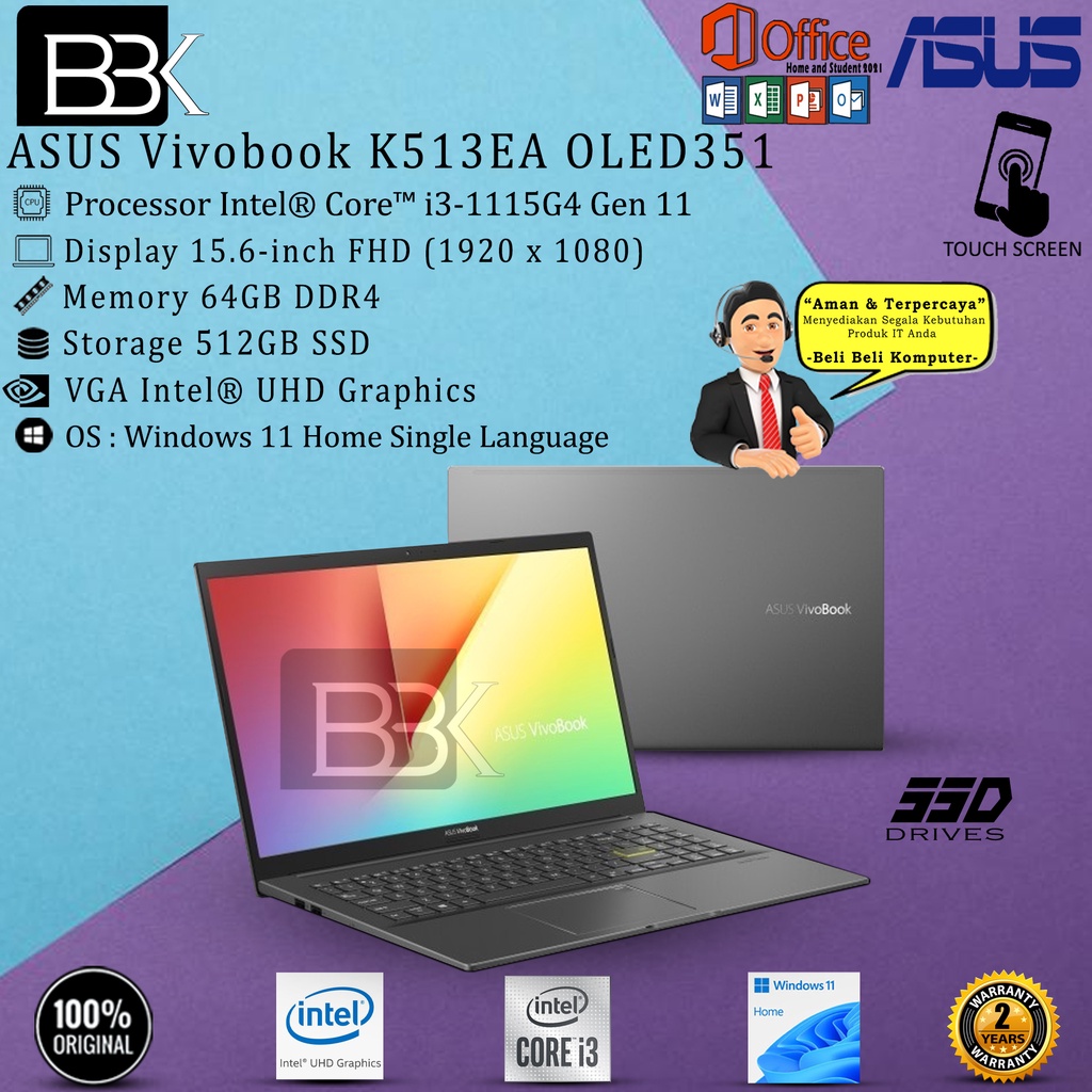 Jual ASUS Vivobook K513EA OLED351 | i3 1115G4 64GB 512SSD W11+OHS 15 ...