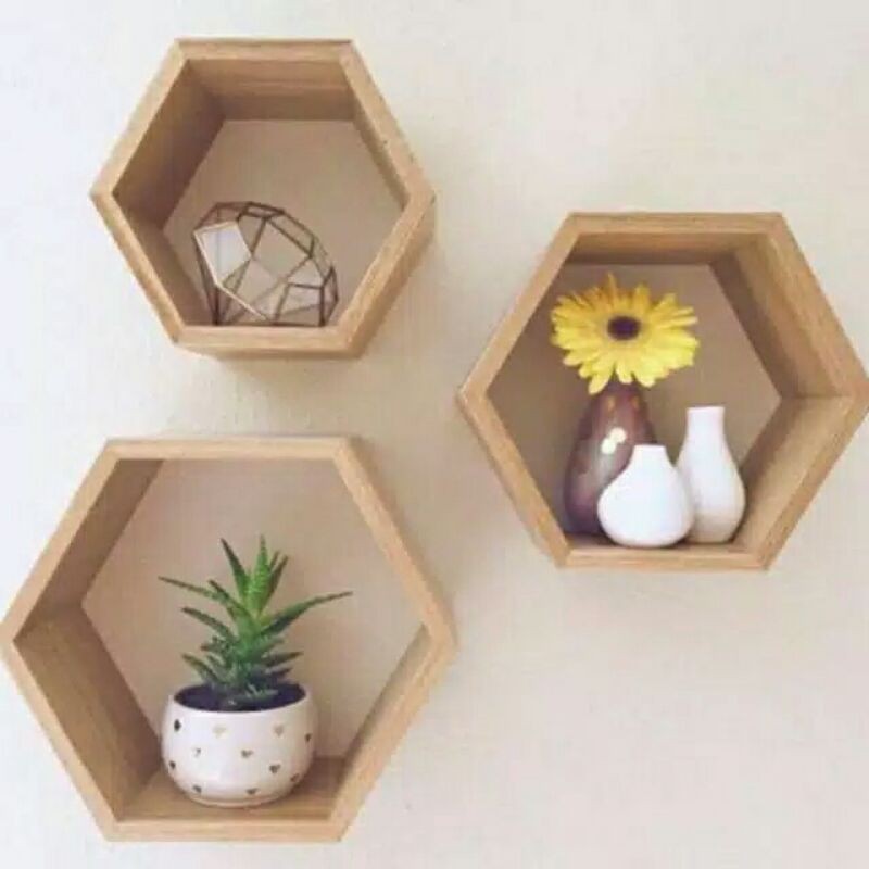Jual Rak Dinding Ambalan Segi Enam Cantik Kayu Jati Untuk Hiasan