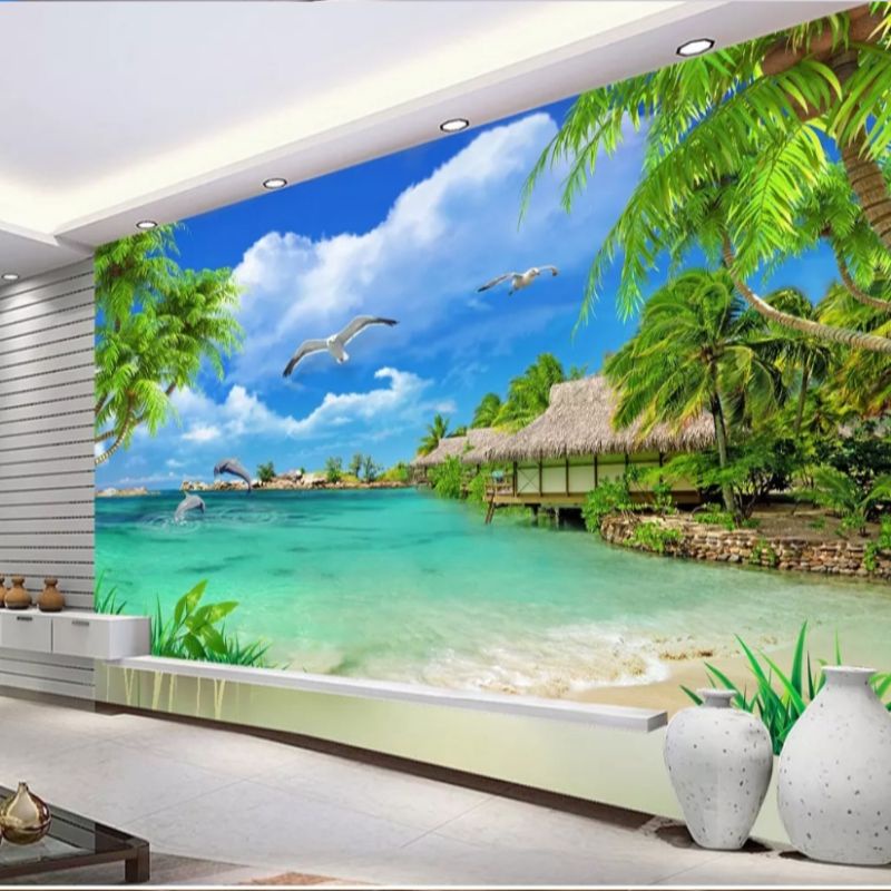 Printing Wallpaper Custom pantai 3d, Wallpaper Dinding Ruang Tamu Motif ...
