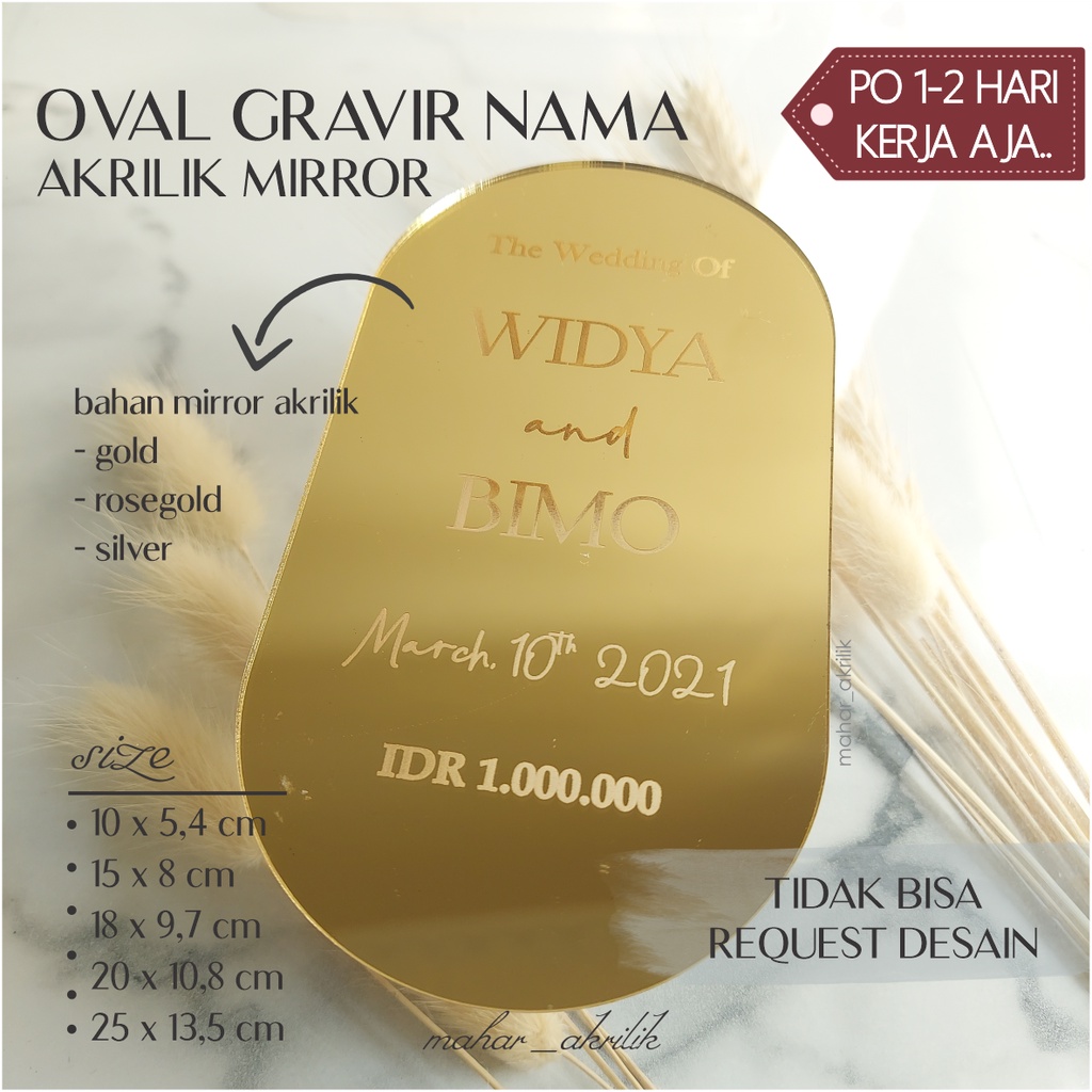 Jual Cutting Oval Grafir Nama Bahan Akrilik Mirror Gold/Rosegold/Silver ...