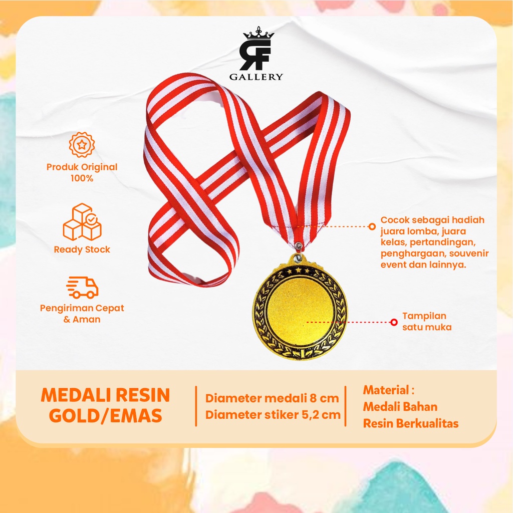 Jual Medali Warna Emas Plus Tali Merah Putih Medalion Mendali Gold ...