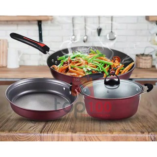Jual Top100 - Panci Wajan Teflon Set 3 Pcs Stainless Steel Anti lengket Cookware Fry Pan Sauce ...