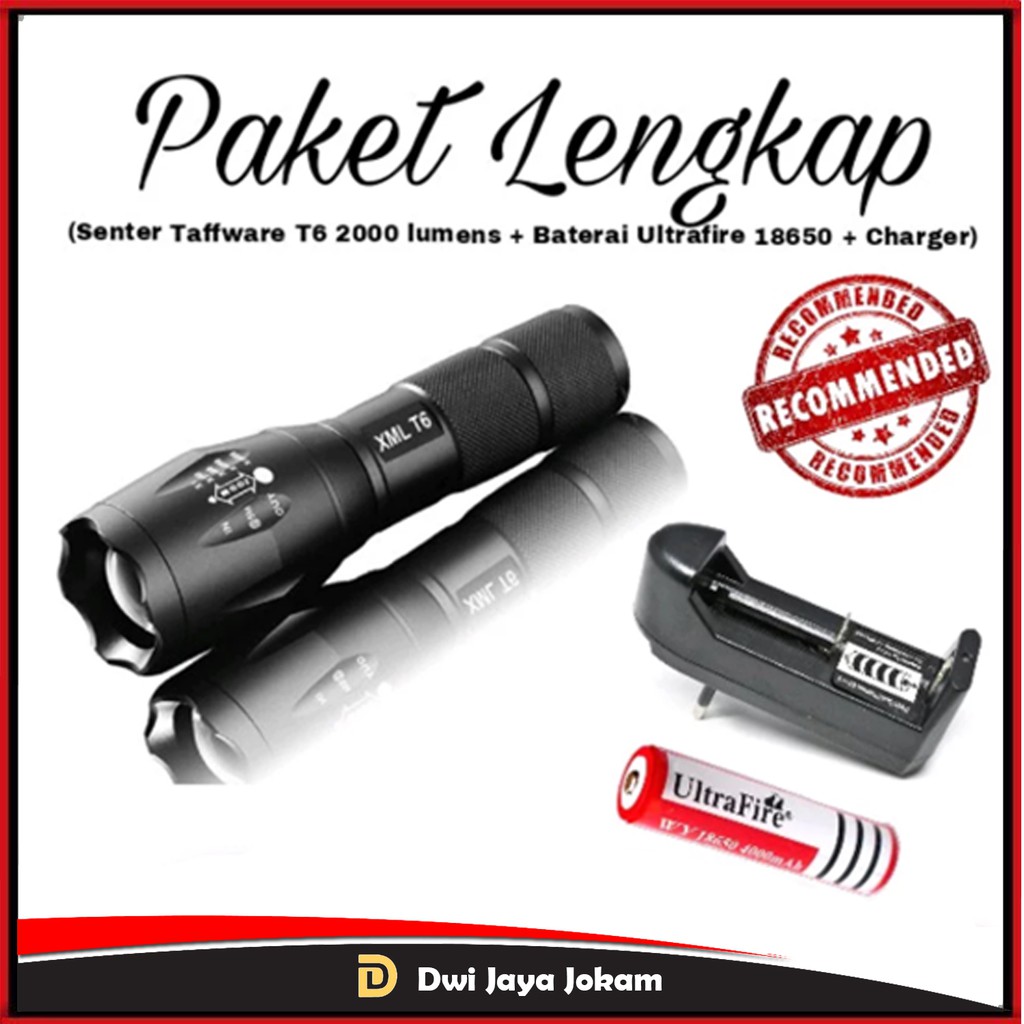 Jual PAKET LENGKAP Taffware Senter LED Cree XM-L T6 2000 Lumens - E17 ...