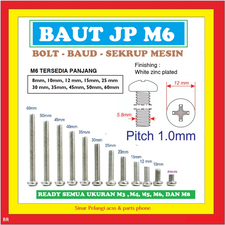 Jual BAUT JP M6 X BERBAGAI UKURAN KEPALA OBENG PLUS PUTIH SEKRUP MESIN 8 10 12 15 20 25 30 35 40 ...