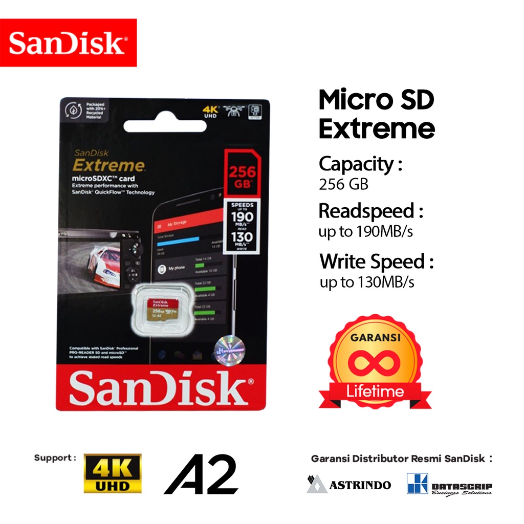 Jual Memory Card | Micro SD 256GB SanDisk Extreme up to 190Mbps U3 A2 ...