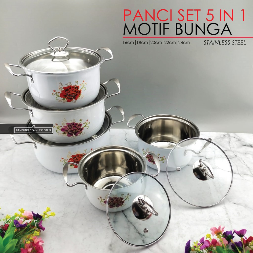 Jual PANCI SUP Stainless Soup Pot SET 5 in 1 Tebal Putih Motif Bunga ...