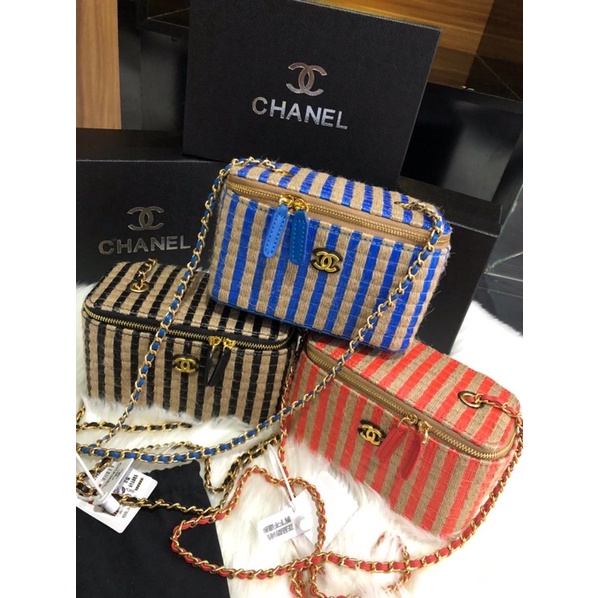 Jual CH4N3L Raffia Jute Striped Vanity Case with Chain 20C with Box ...