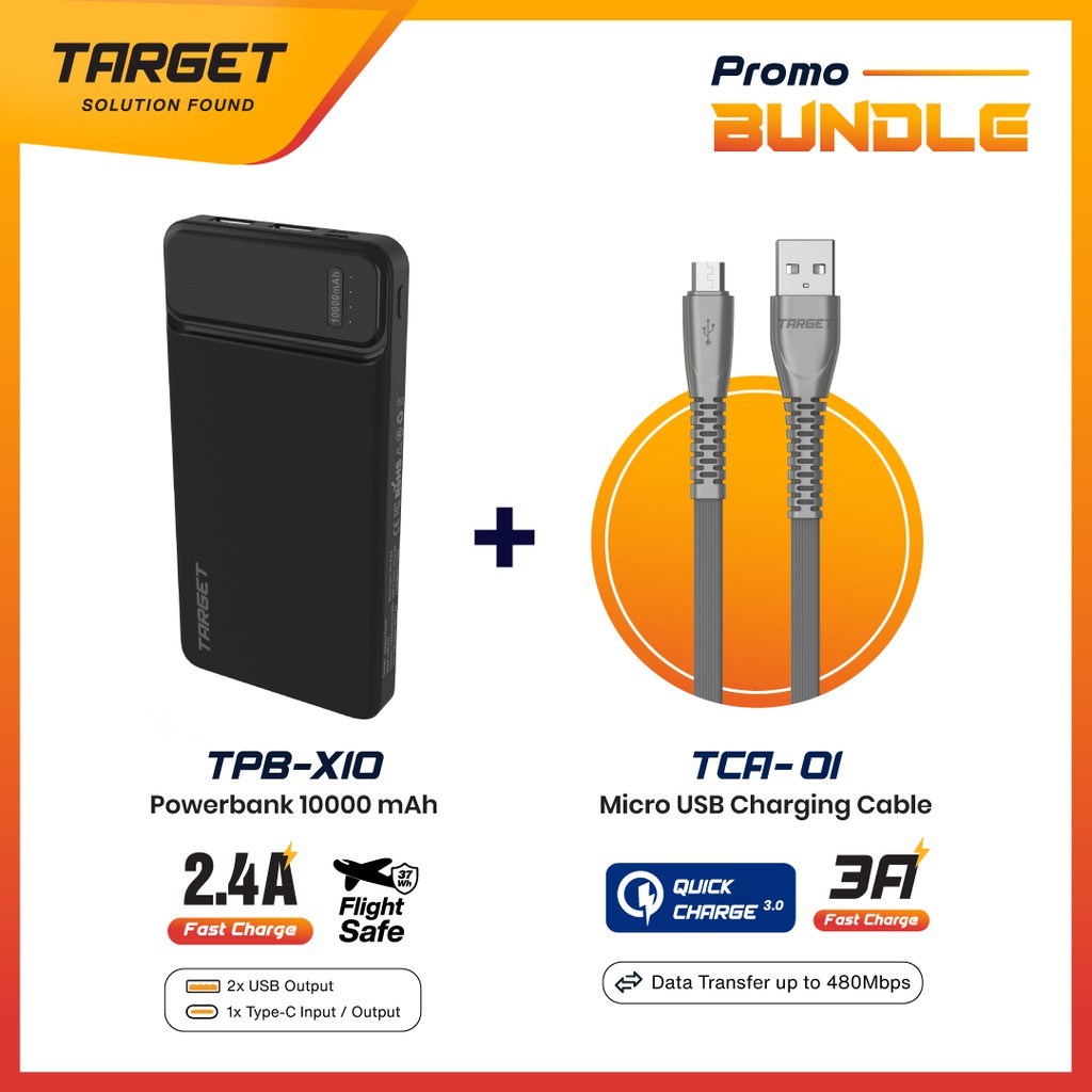 BUNDLING TARGET POWERBANK TPB X10 10000 MAH DAN KABEL MICRO TCA 01 ...