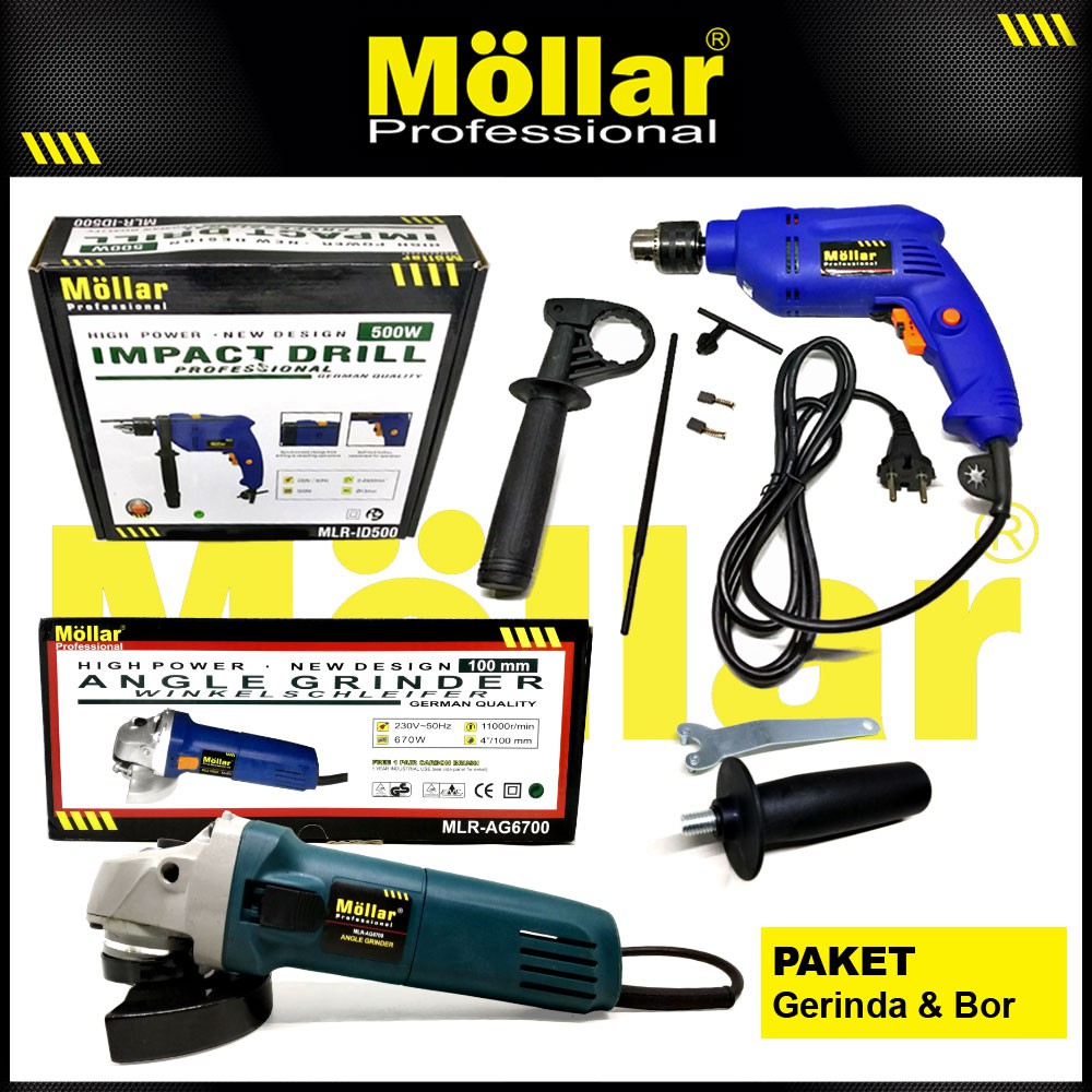 [PAKET] MOLLAR ID500 Bor Listrik 13 mm & MOLLAR AG6700 Mesin Gerinda ...