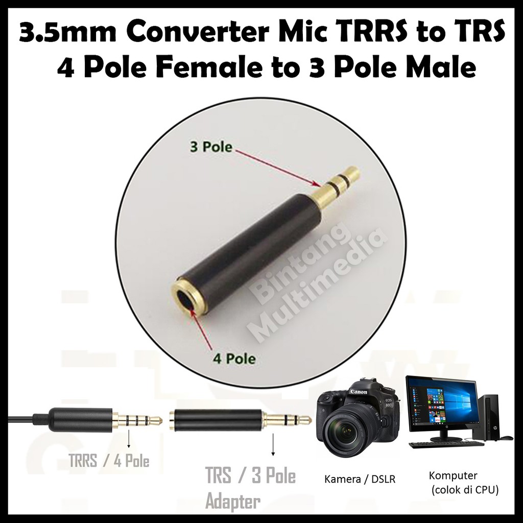Jual Converter Mic TRRS ke TRS Adapter 4 Pole Female To 3 Pole Male Pin Ring Microphone 3.5mm ...