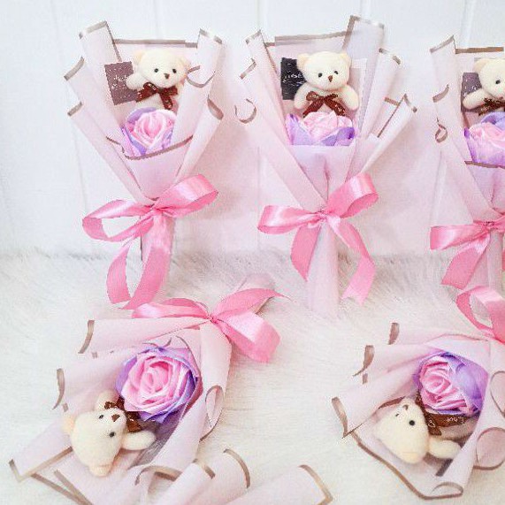 Jual BUKET BUNGA SATIN SINGLE TEDDY PINK UNGU (buket wisuda, buket ...