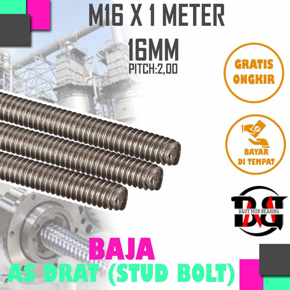Jual As Full Drat Baut Baja Long Thread Bolt Stut Bolt M16 X 1 Meter ...