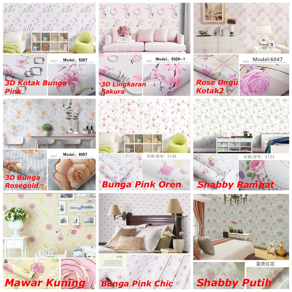 WALLPAPER DINDING Terbaik Ukuran 45 cm x 10 M Motif TEMA BUNGA CANTIK ...