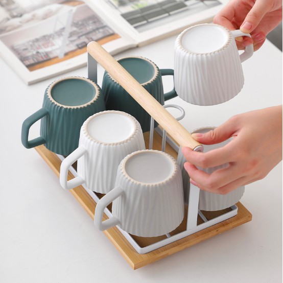Jual Gelas Keramik Set Dengan Rak Gelas dan Tray Besi Kayu Nordic ...