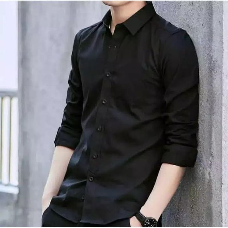 Jual Baju Kemeja Pria Kasual Polos Putih Hitam Lengan Panjang / Hem Cowok Hitam / Hem Polos Pria ...