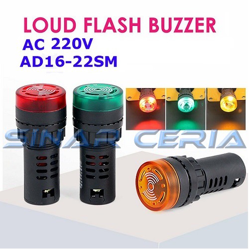 Jual Flash Buzzer AD16 22SM LED Light Pilot Lamp Beeper Alarm Signal Input Ac 220V Warna Merah ...