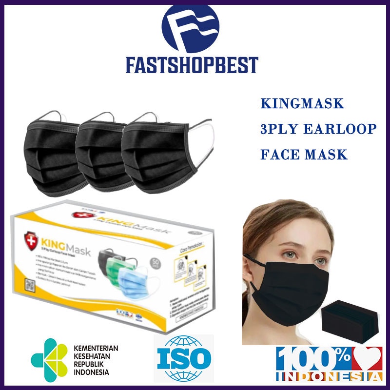 KINGMASK masker 3ply 1box isi 50pcs kemenkes ri akd earloop iso-HITAM ...