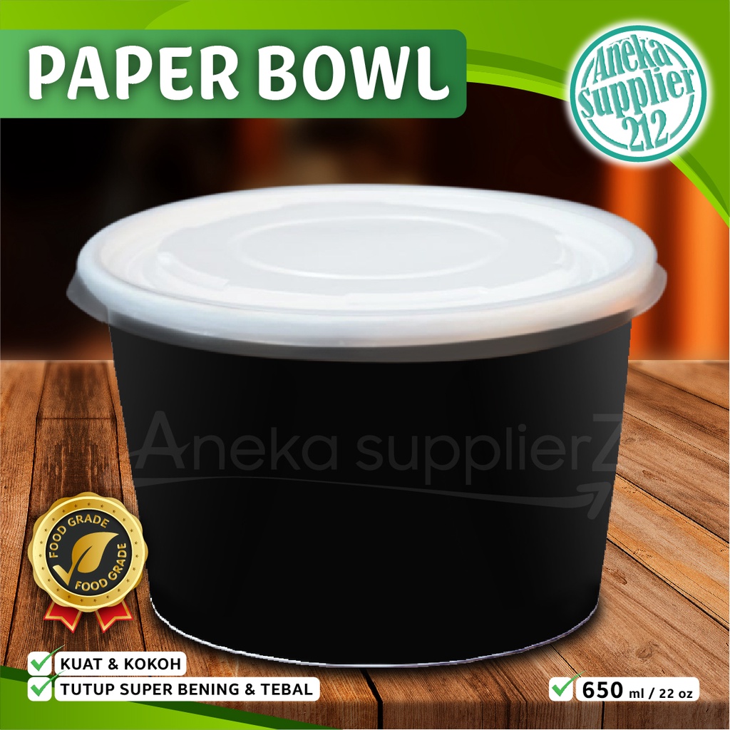 Jual Paper Bowl HITAM Polos + Tutup | Kemasan Mangkuk Kertas - 650 ml ...