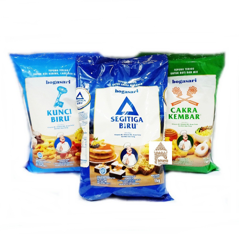 Tepung Terigu Segitiga Biru Cakra Kembar Kunci Biru 1 KG Bogasari