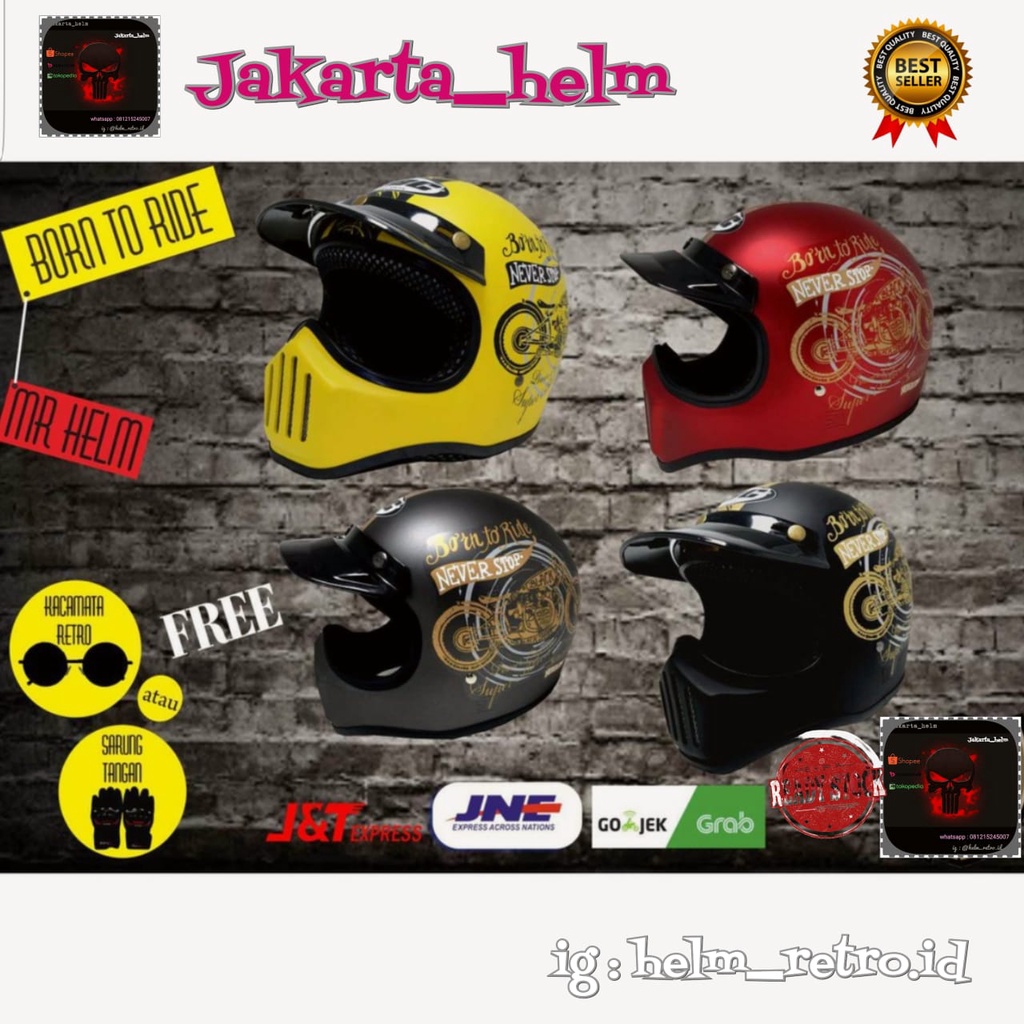 Jual HELM CAKIL HBC RETRO Born To Ride NEVER STOP PROMO!!! (PILIH BONUS ...