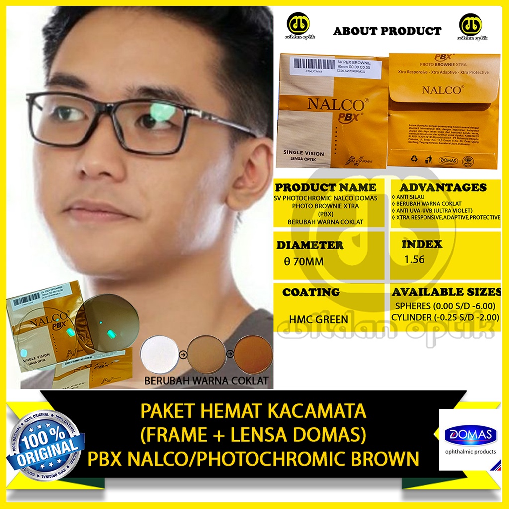 Jual PAKET KACAMATA PRIA LENSA DOMAS PHOTOCHROMIC BROWN NALCO PBX BROWNIE 0528 | Shopee Indonesia