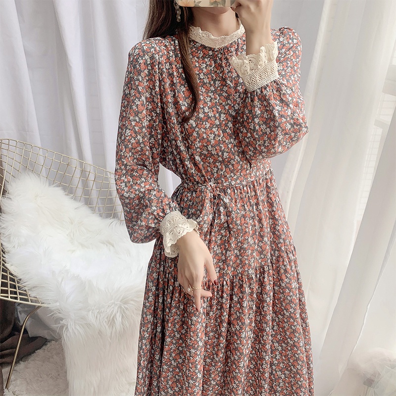 Jual AIMEI korean dress wanita floral bunga lengan panjang berpotongan ...
