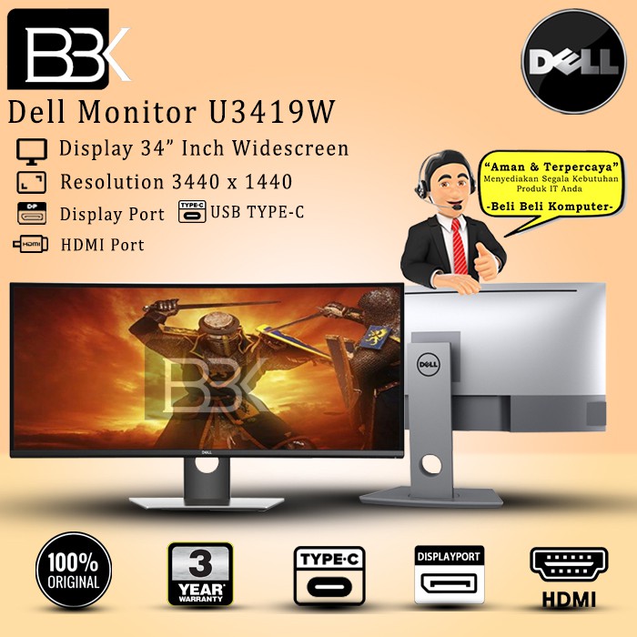 Jual Monitor DELL U3419W UltraSharp Curved 34 inch USB-C Monitor 3 Year ...