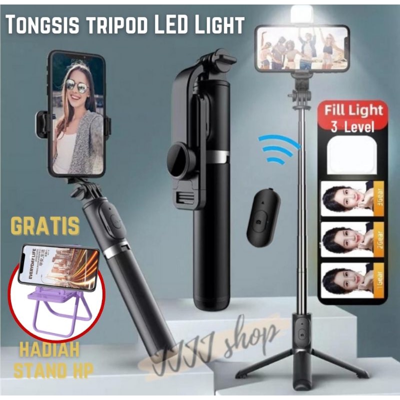 Jual Tongsis Tripod Bluetooth Remote Selfie Stick Lampu LED Flash 3 in 1 Phone Holder Hp Fill ...